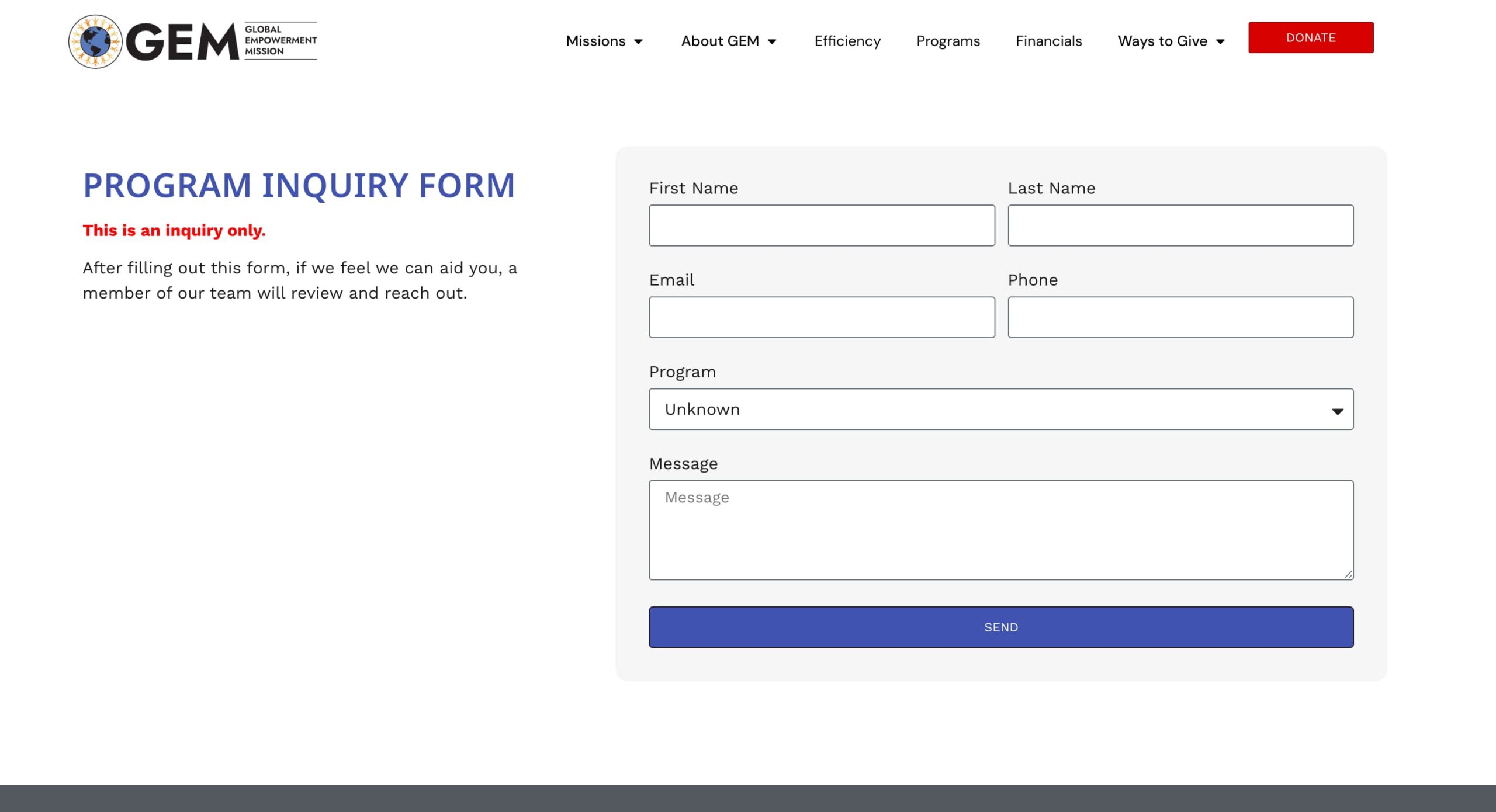 Program Inquiry Form - Global Empowerment Mission